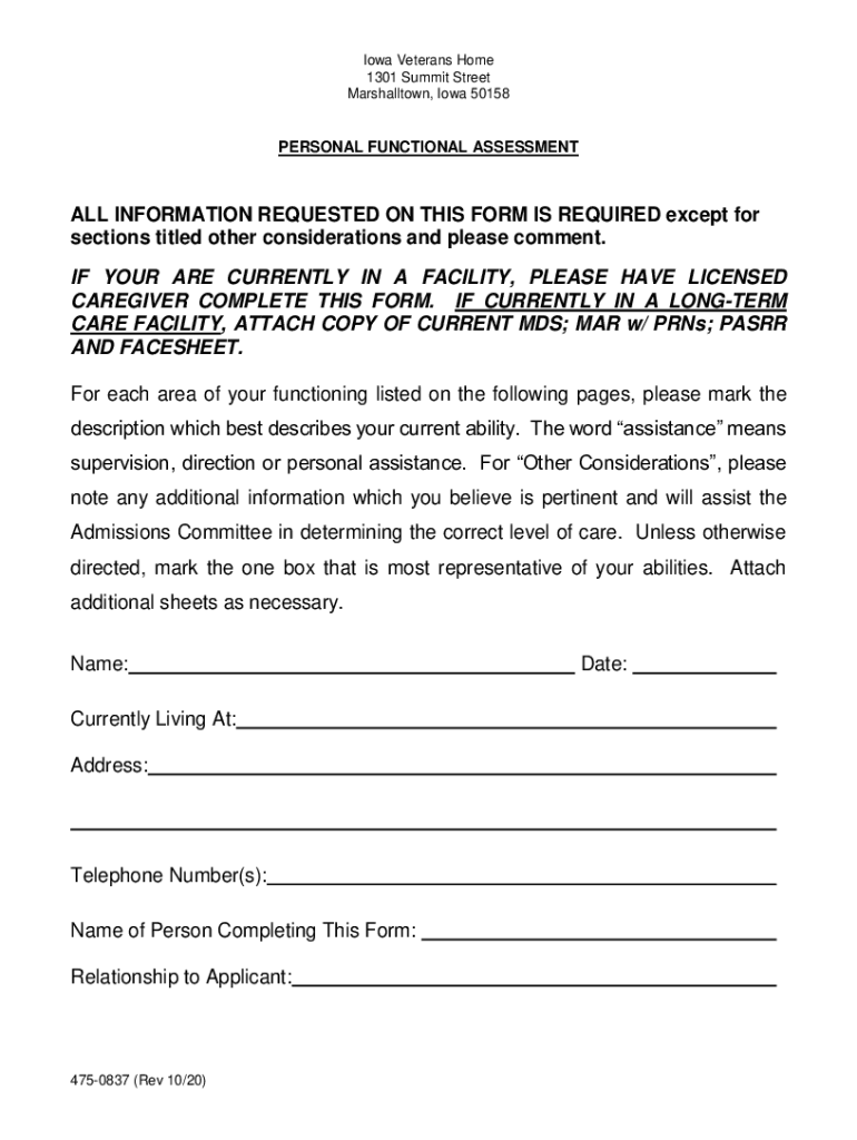 Fillable Online Personal Functional Assessment Fax Email Print - pdfFiller