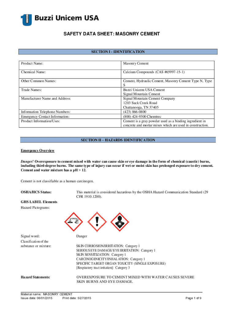Fillable Online SAFETY DATA SHEET: MASONRY CEMENT Fax Email Print ...