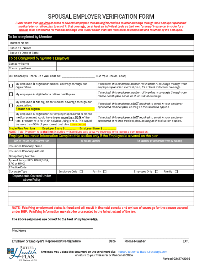 Fillable Online Verification Form for the Policy for Working Spouses with ... Fax Email Print ...