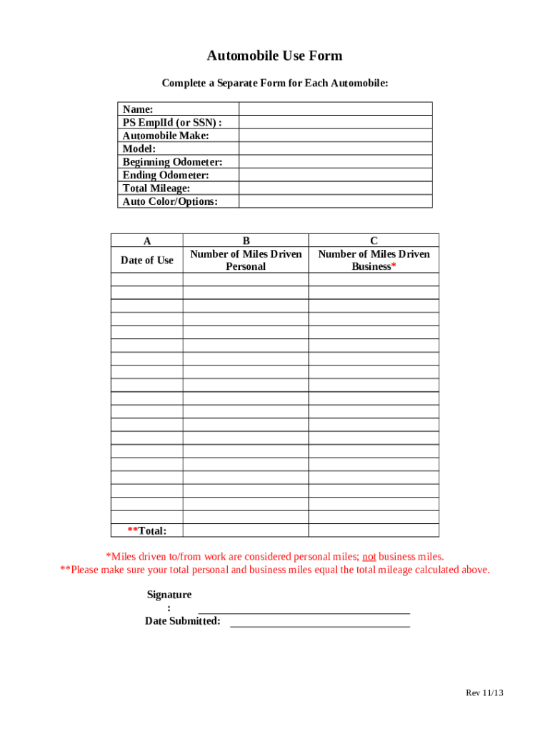 Automobile Use Doc Template | pdfFiller
