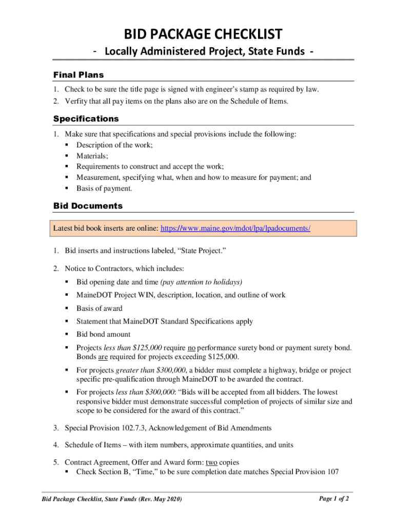 Fillable Online BID PACKAGE CHECKLIST Fax Email Print - pdfFiller