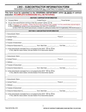 Fillable Online bca lacity LWO SUBCONTRACTOR INFORMATION FORM Fax Email ...