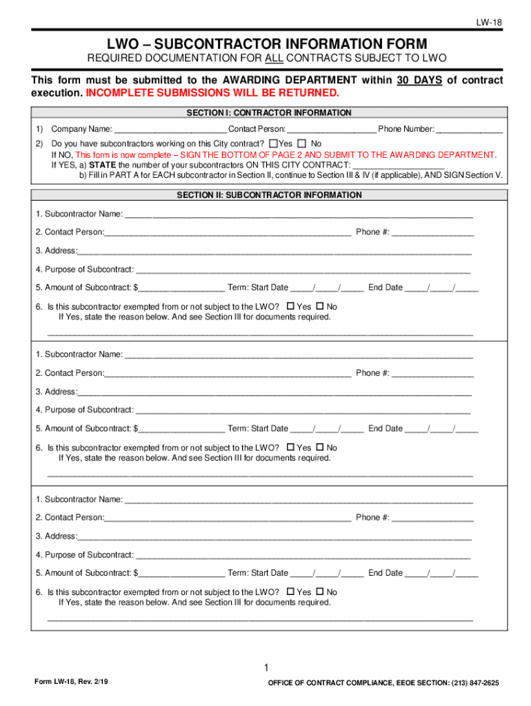 Fillable Online bca lacity LWO SUBCONTRACTOR INFORMATION FORM Fax Email ...