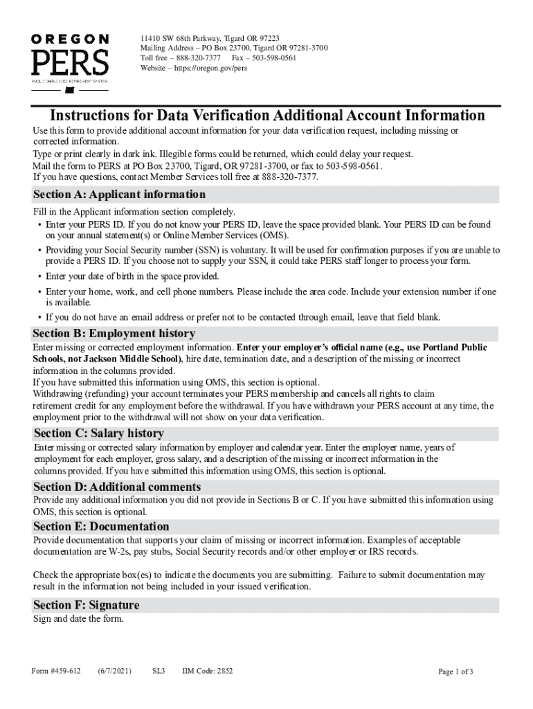 Fillable Online Instructions for Data Verification Additional Account ...