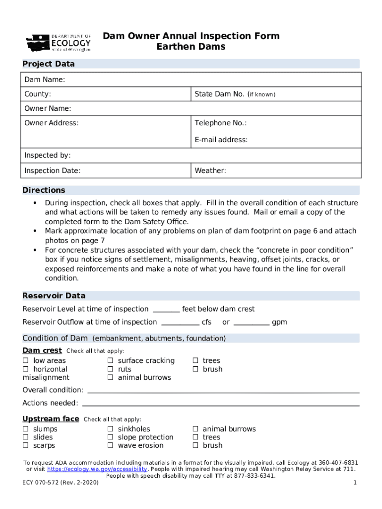 Dam Owner Inspection - Earthen Dam. ECY 070-572 Doc Template | pdfFiller