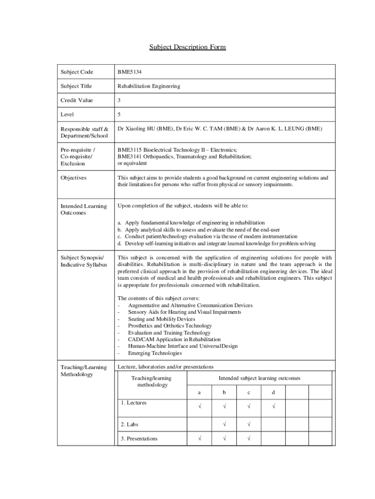 Fillable Online Rehabilitation Engineering - Subject Description Form ...