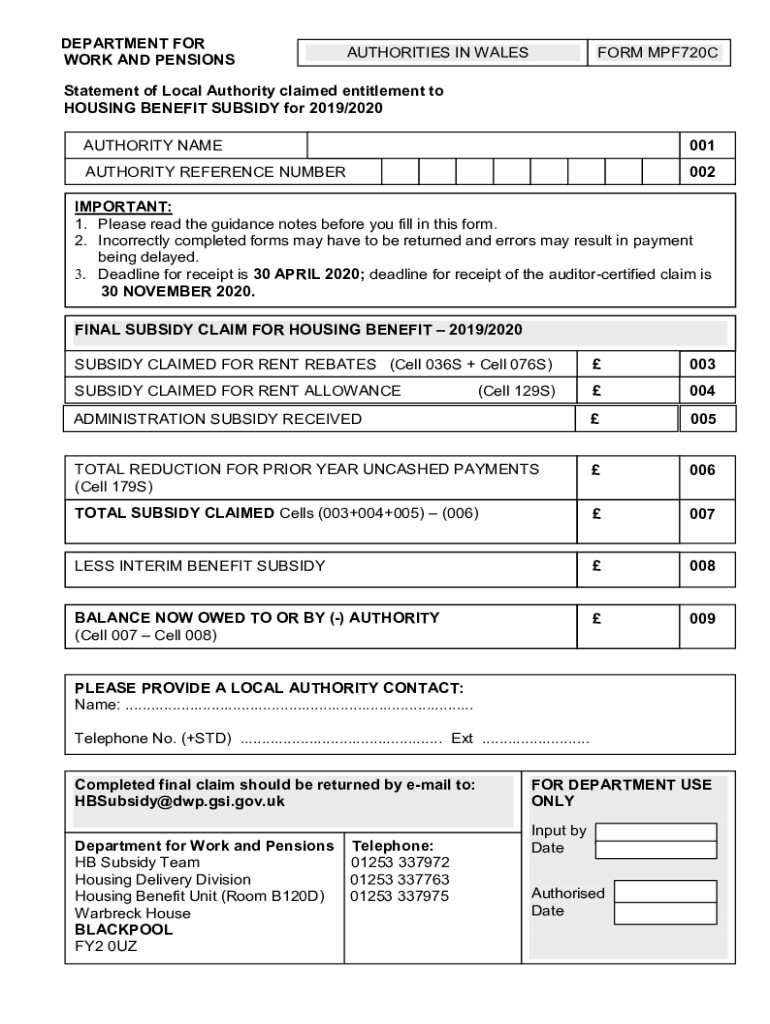 Fillable Online 2019 to 2020 Housing Benefit subsidy final claim form ...