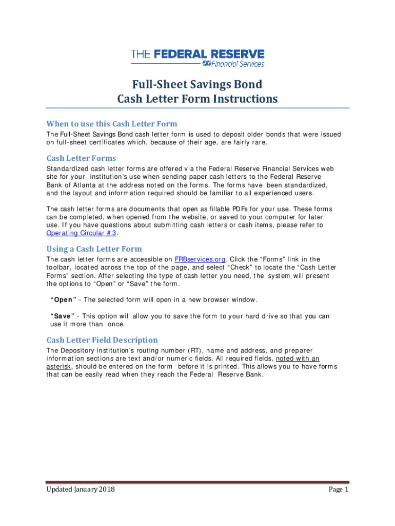 Fillable Online Full-Sheet Savings Bond Cash Letter Form Instructions ...