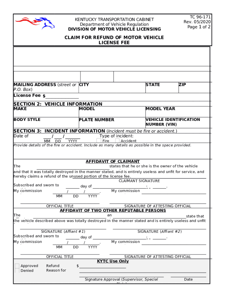 Claim for Refund of Motor Vehicle License - transportation ky Doc ...