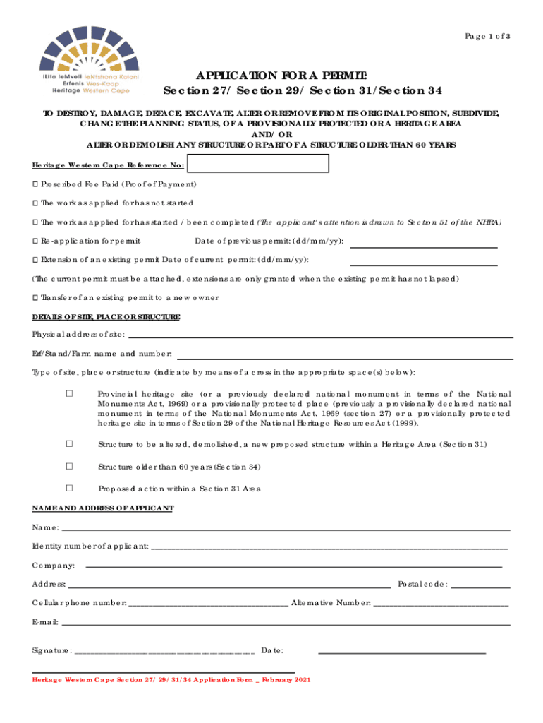 Fillable Online APPLICATION FOR A PERMIT: Section 27/ Section 29 ...