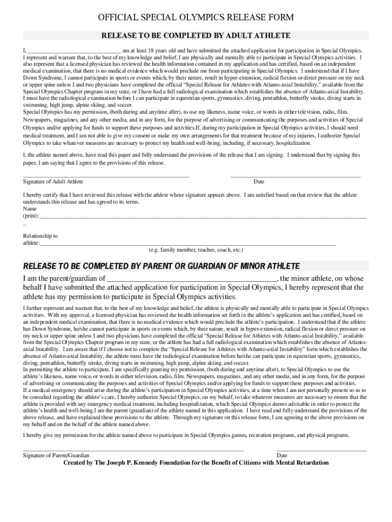 Fillable Online OFFICIAL SPECIAL OLYMPICS RELEASE FORM TO BE COMPLETED ...