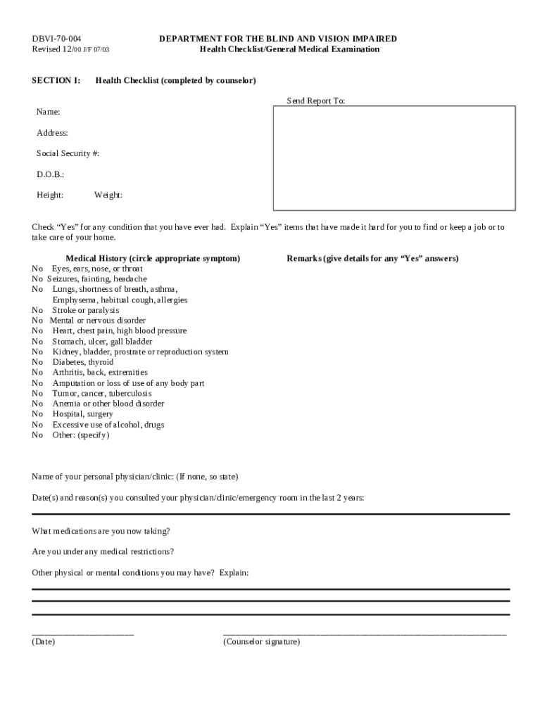 BVI Health Checklist - General Medical Examination Doc Template | pdfFiller