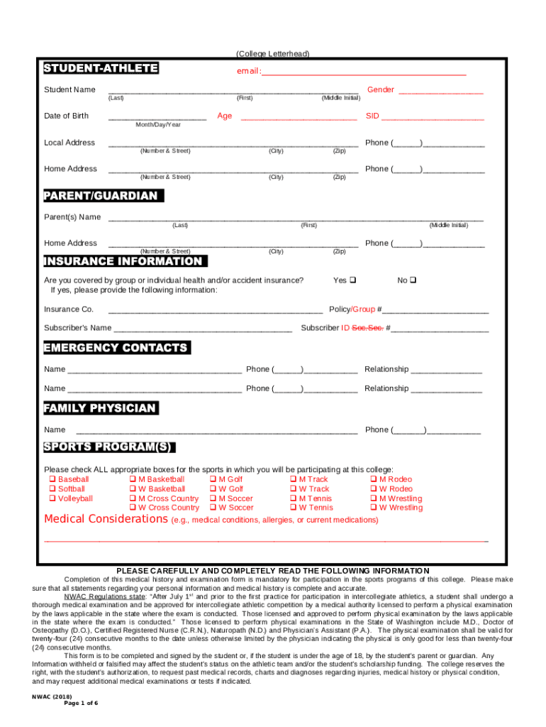 Student Athlete Physical Examination - Shoreline Doc Template | pdfFiller