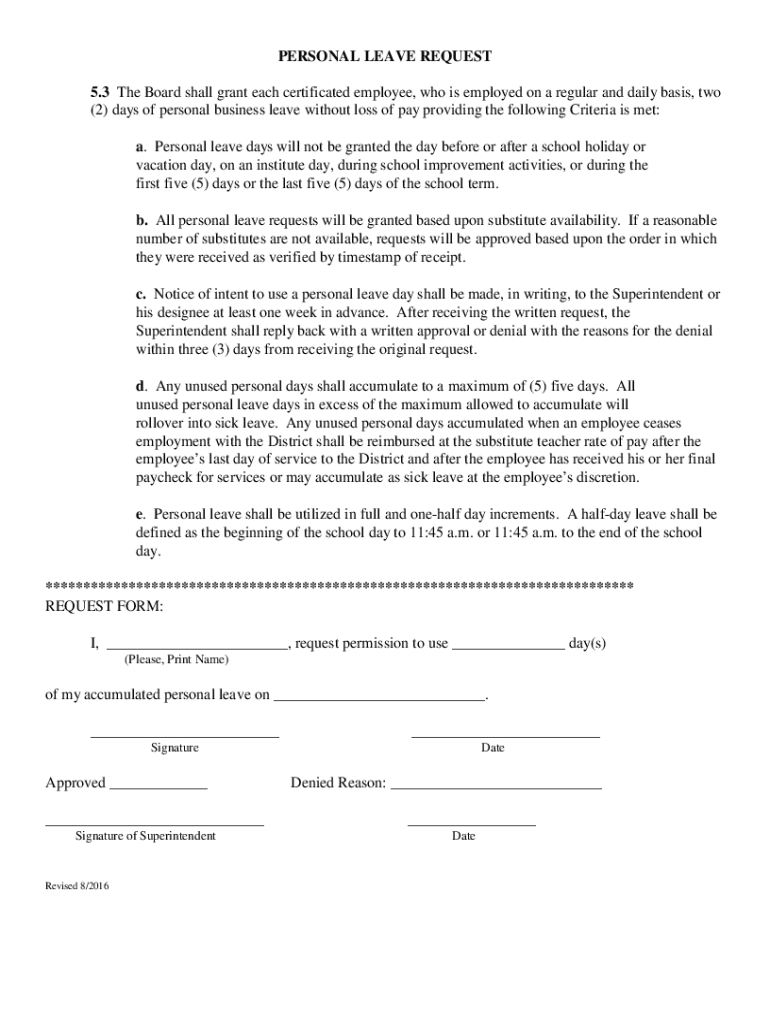 Fillable Online Personal Leave Letter - Free Sample LettersPersonal ...