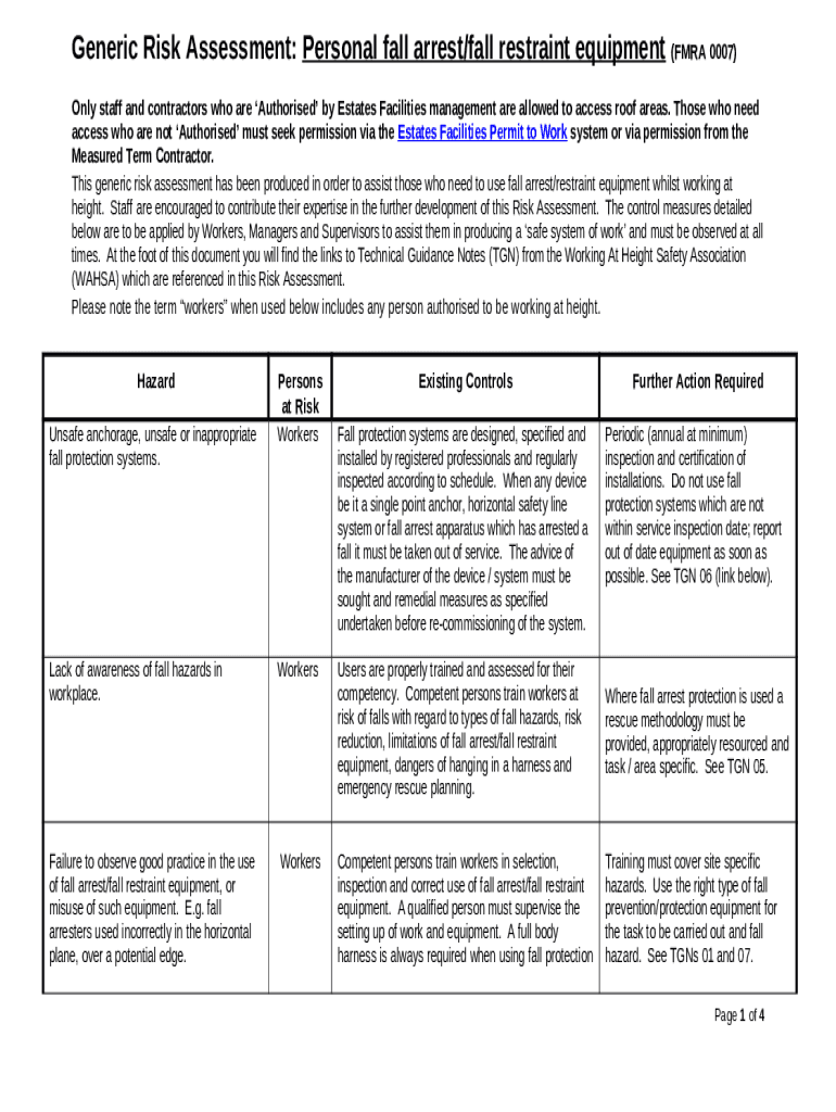 1st Draft Risk Assessment for use of: Working on Roofs (FMRA ... Doc ...