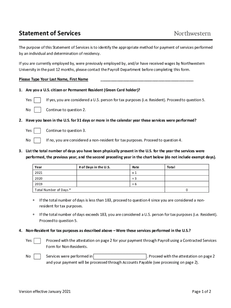 Fillable Online Statement of Services - Northwestern Fax Email Print ...