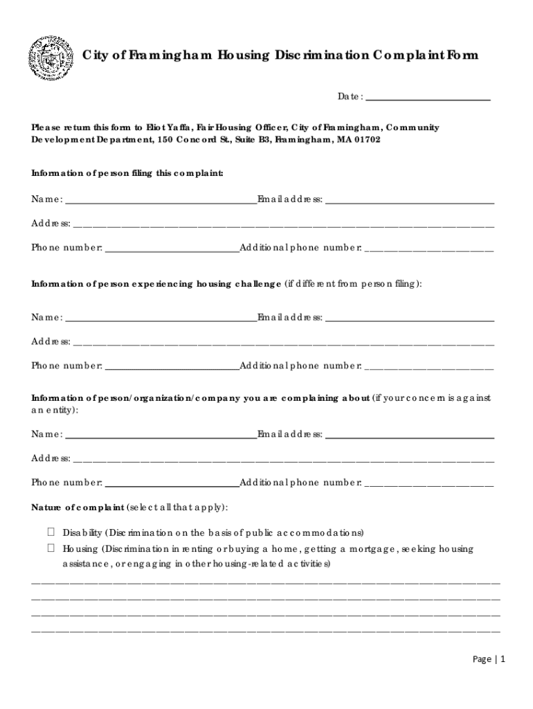 Fillable Online City of Framingham Housing Discrimination Complaint ...