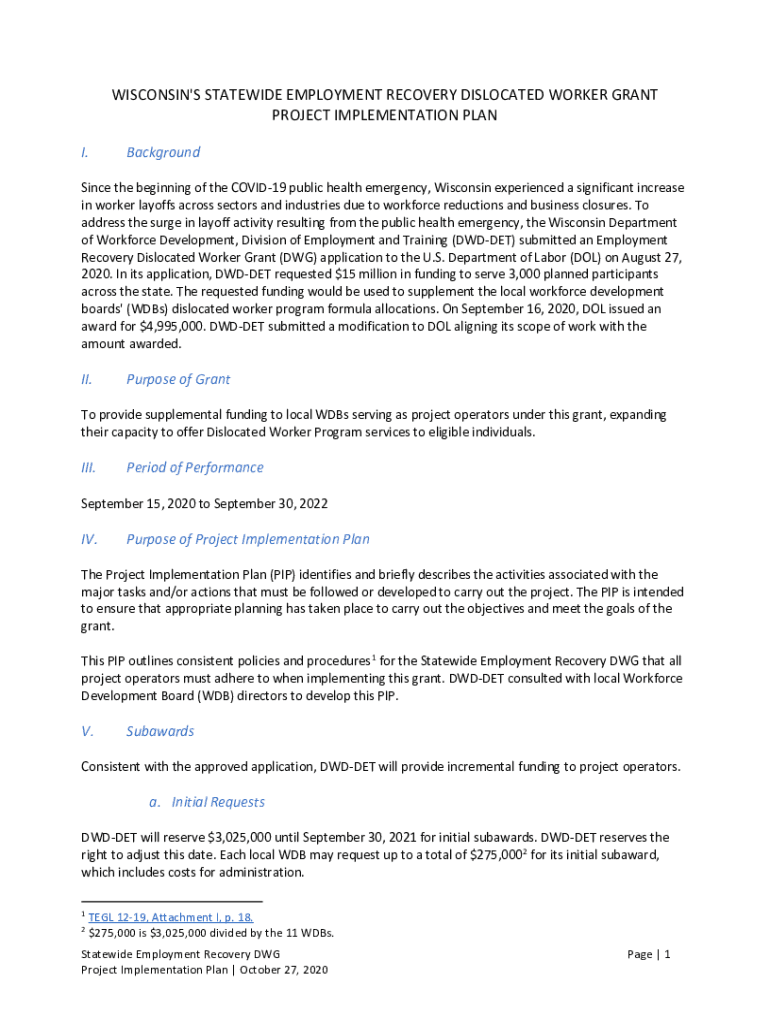 Fillable Online dwd wisconsin Wisconsin 's Statewide Employment Recovery Dislocated Worker Grant ...
