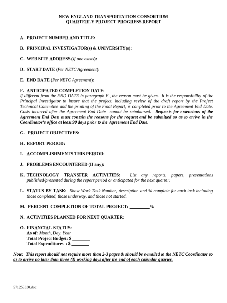 at for NETC Quarterly Project Progress Report Doc Template | pdfFiller