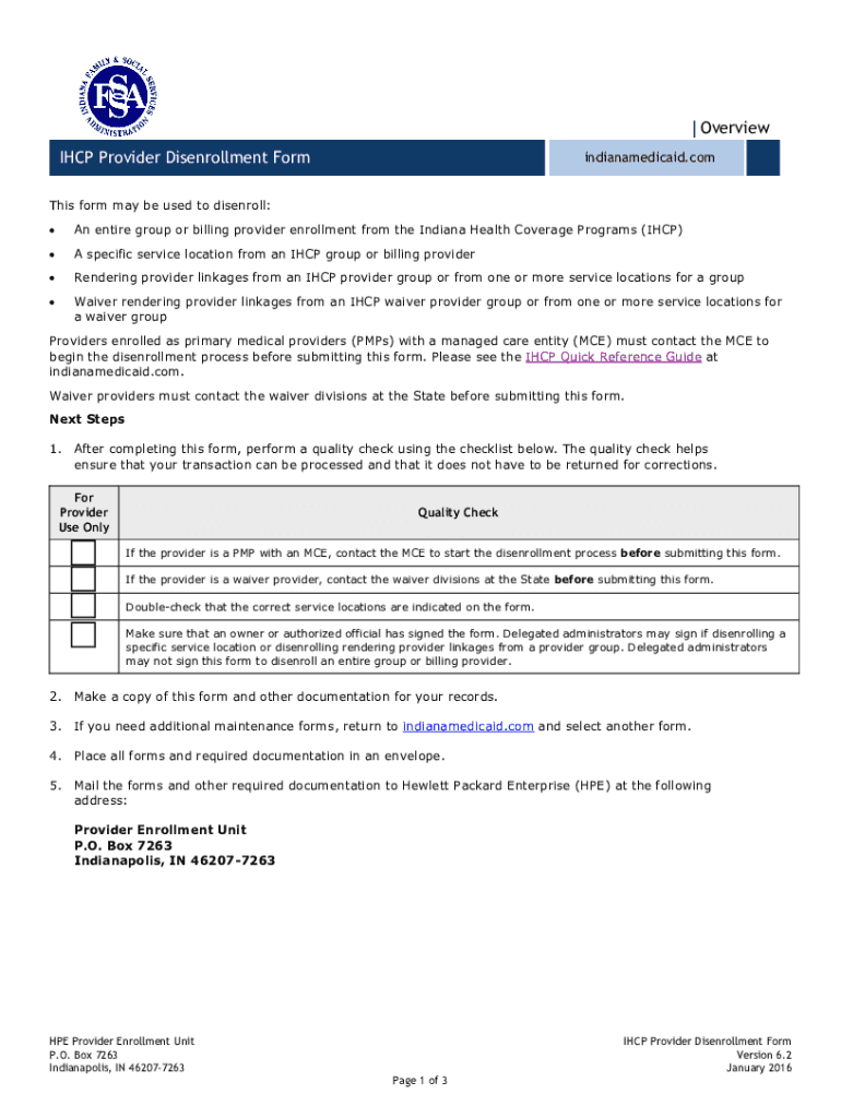 Fillable Online IHCP Provider Disenrollment Form - in.gov Fax Email ...