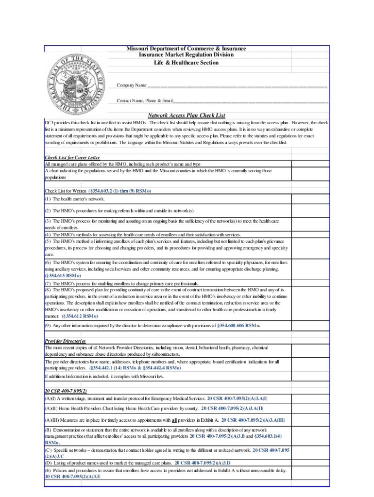 Fillable Online insurance mo Access Plan Check List Fax Email Print ...
