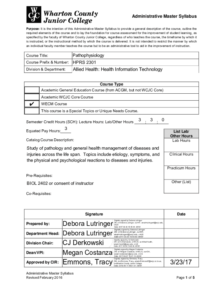 Fillable Online Master Syllabus for HPRS 2301 Pathophysiology - wcjc ...
