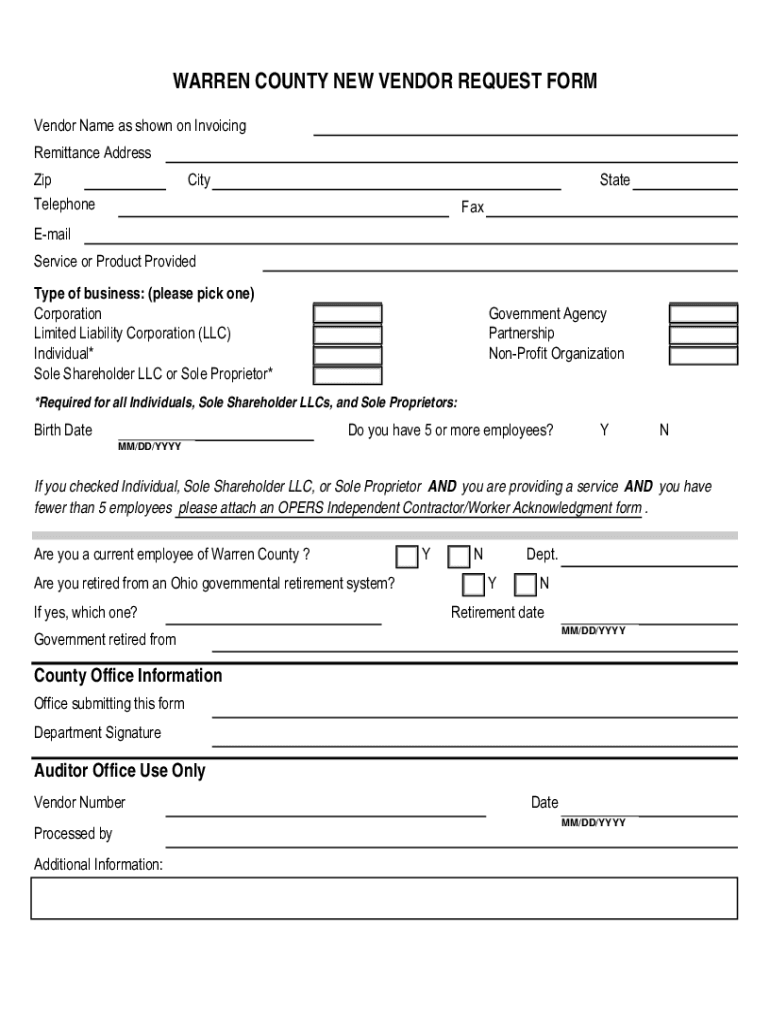 Fillable Online WARREN COUNTY NEW VENDOR REQUEST FORM Fax Email Print ...