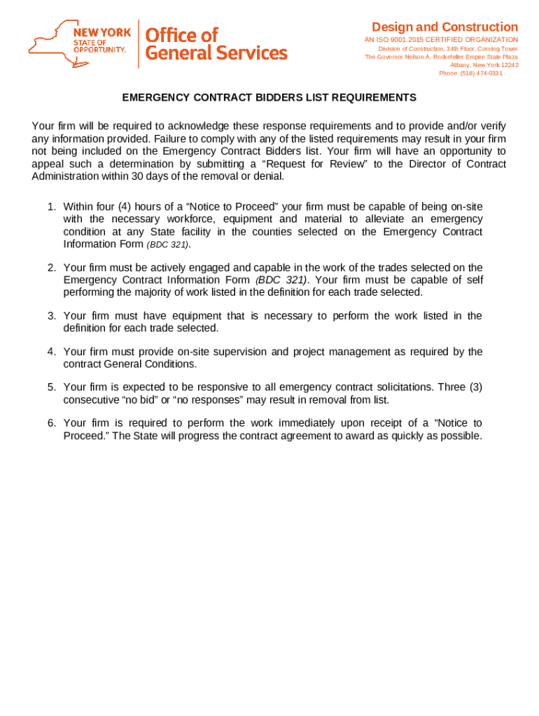 EMERGENCY CONTRACT INATION - ogs ny Doc Template | pdfFiller