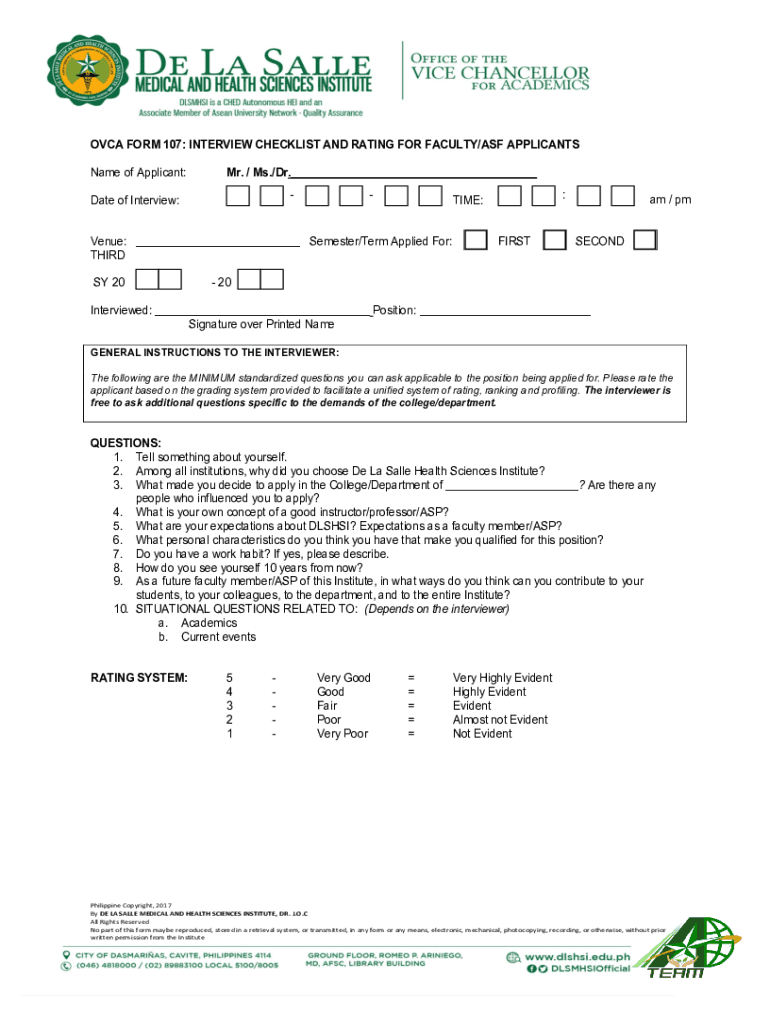 Fillable Online OVCA FORM 107: INTERVIEW CHECKLIST AND RATING FOR ...