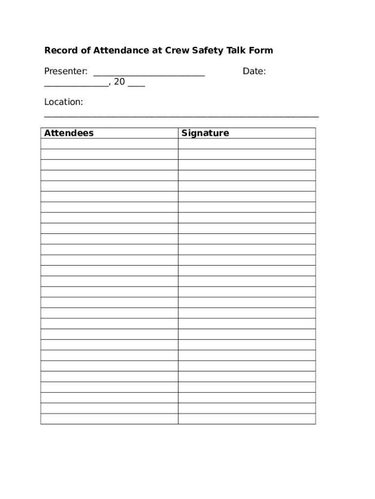 Record of Attendance at Crew Safety Talk Doc Template | pdfFiller