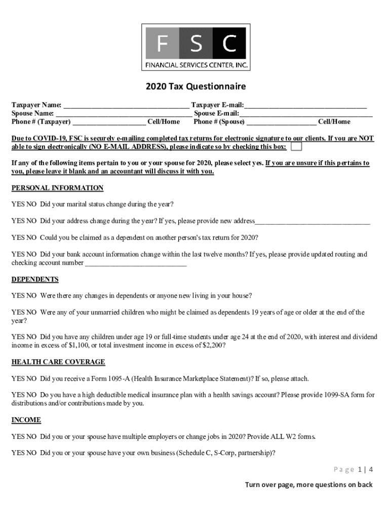 Fillable Online Tax Questionnaire 2020 Fax Email Print - pdfFiller