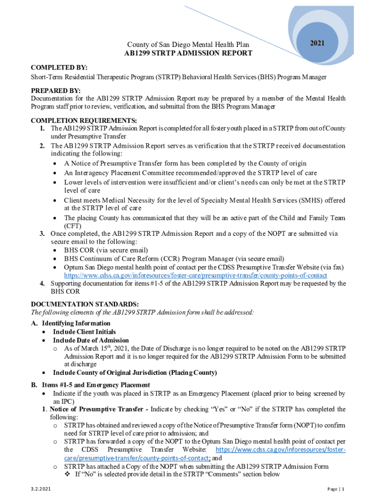 Fillable Online AB1299 STRTP Admission Report Explanation Form 03.02.21 ...