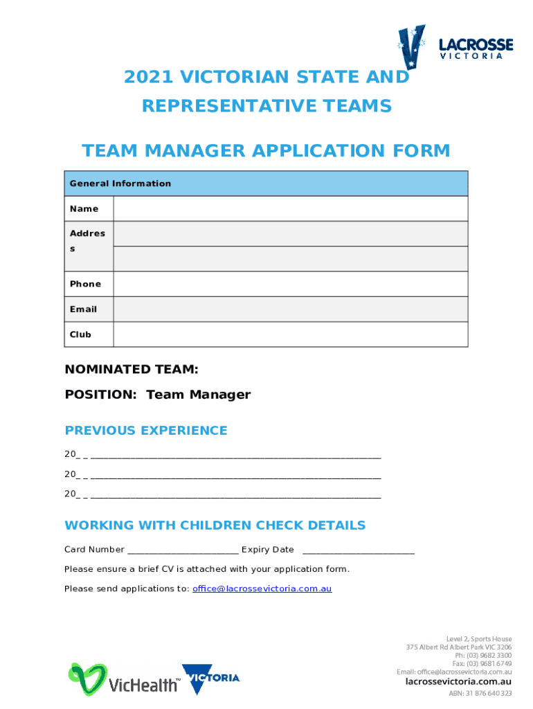 2017 Victorian Senior Team - Manager Application Doc Template | pdfFiller