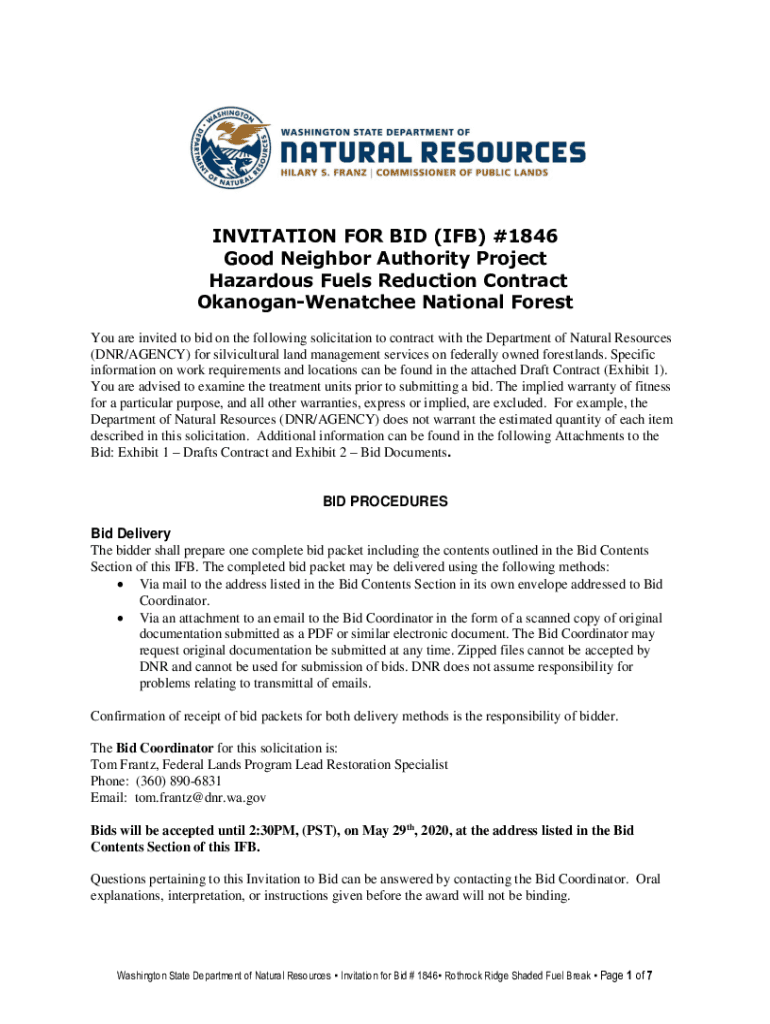 Fillable Online INVITATION FOR BID (IFB) #1846 Good Neighbor Authority Project ... Fax Email ...