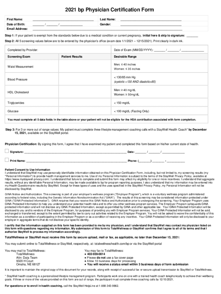 Fillable Online 2021 bp Physician Certification Form Fax Email Print ...
