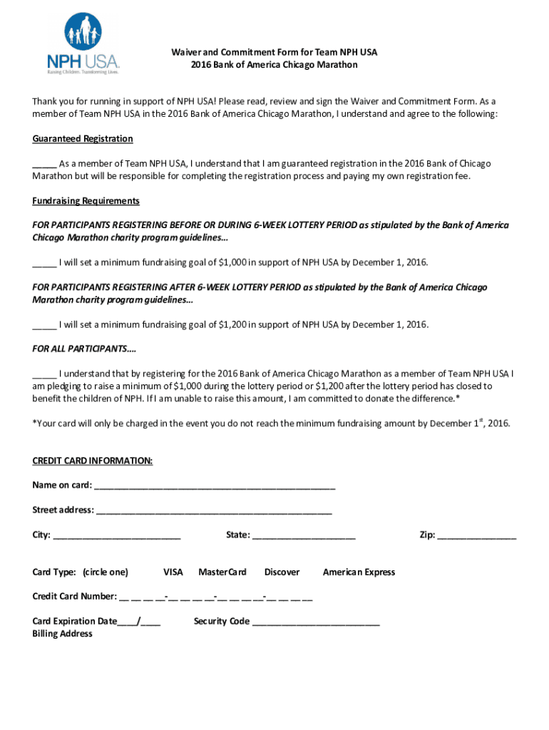 Fillable Online Waiver and Commitment Form for Team NPH USA Fax Email ...