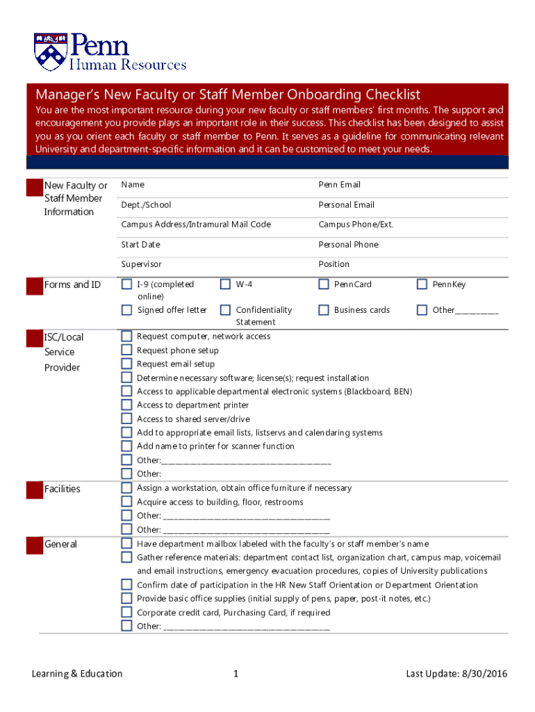 Fillable Online Managers New Faculty or Staff Member Onboarding ...