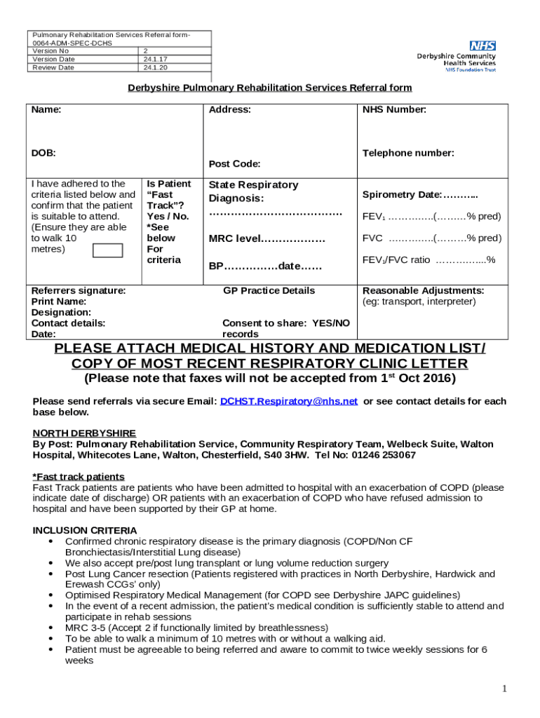 Pulmonary Rehabilitation Services Referral Doc Template | pdfFiller