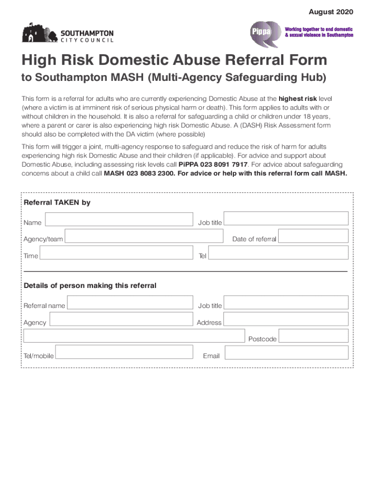 Fillable Online Southampton Mash High Risk Domestic Abuse Referral Form ...