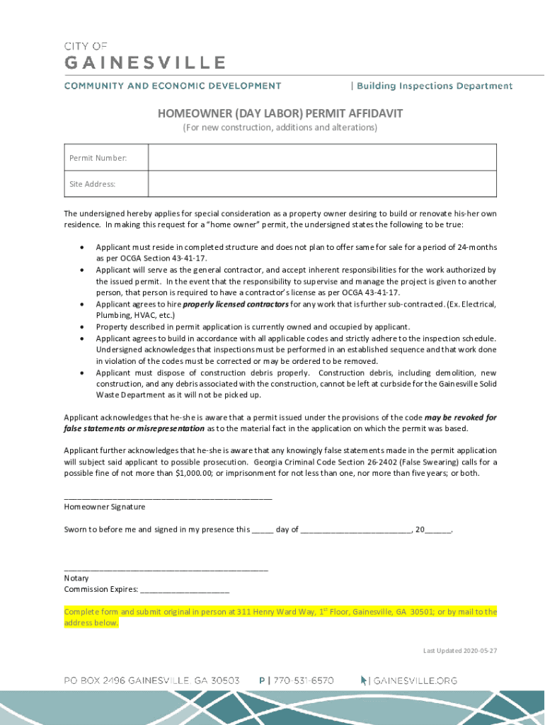 Fillable Online HOMEOWNER (DAY LABOR) PERMIT AFFIDAVIT - Gainesville Fax Email Print - pdfFiller