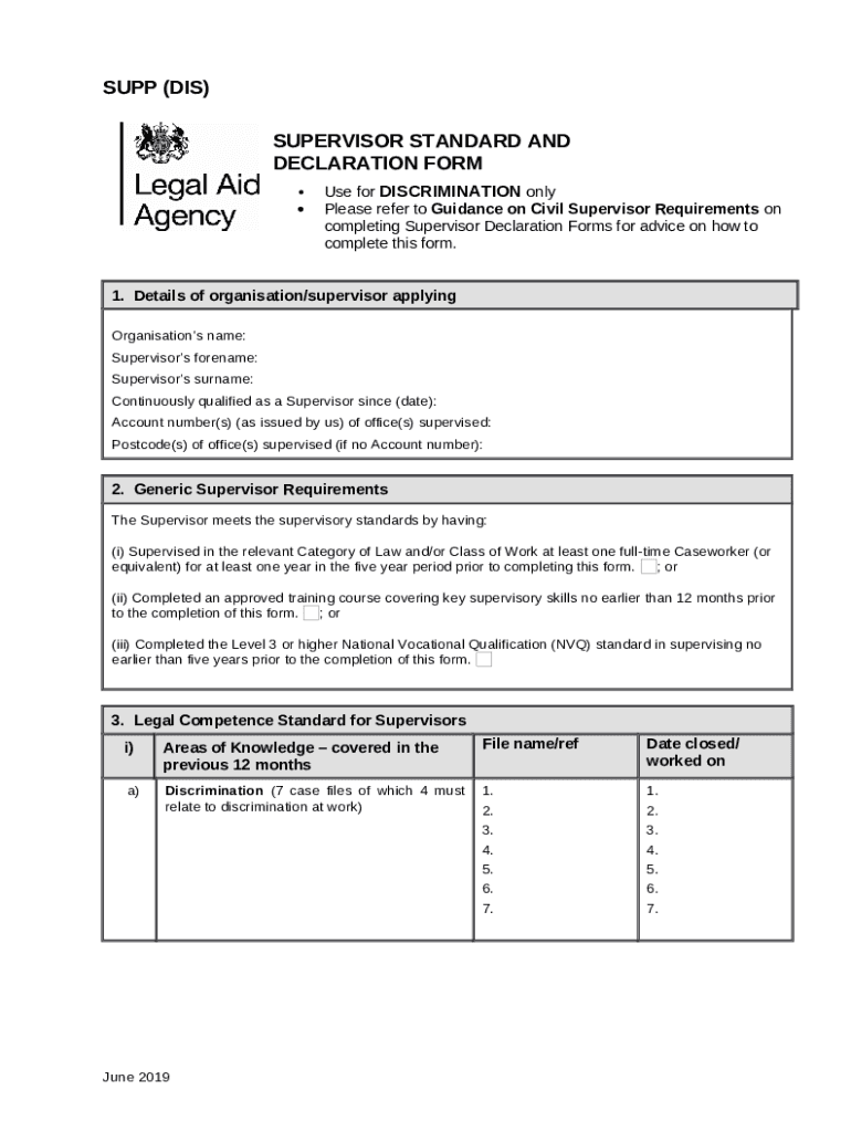 Discrimination Supervisor Declaration - GOV.UK Doc Template | pdfFiller