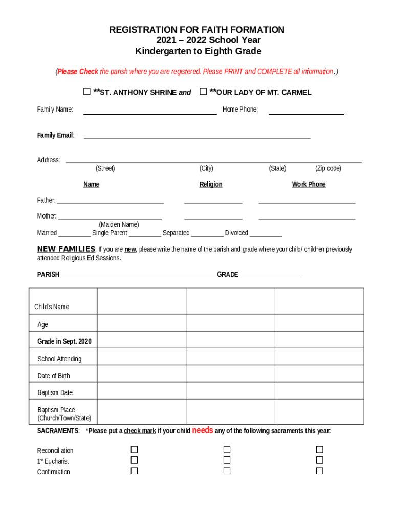 2020 2021 Faith ation Registration 1st 8th Grade (ONLY) Doc Template ...