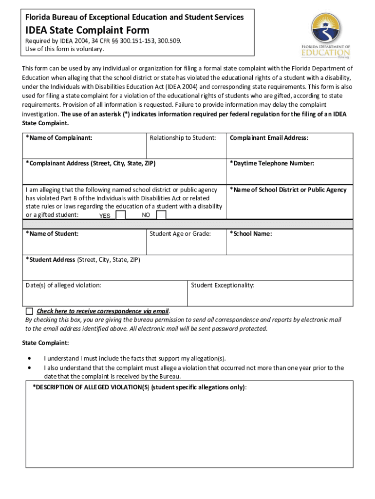 Fillable Online Florida Bureau of Exceptional and Student Services IDEA ...