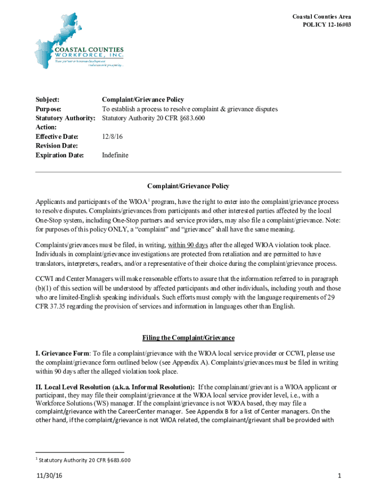 Fillable Online PDF WIOA Program Grievance Policy - Coastal Counties Workforce, Inc Fax Email ...
