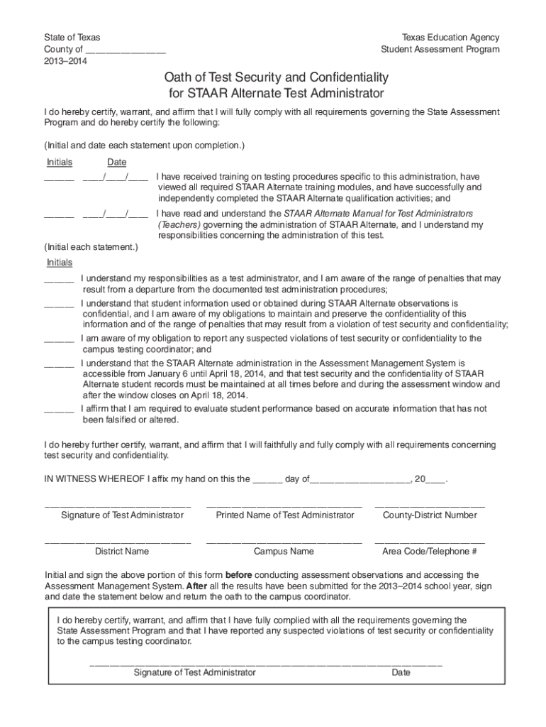 Fillable Online oath of Test Security and Confidentiality for STAAr ...