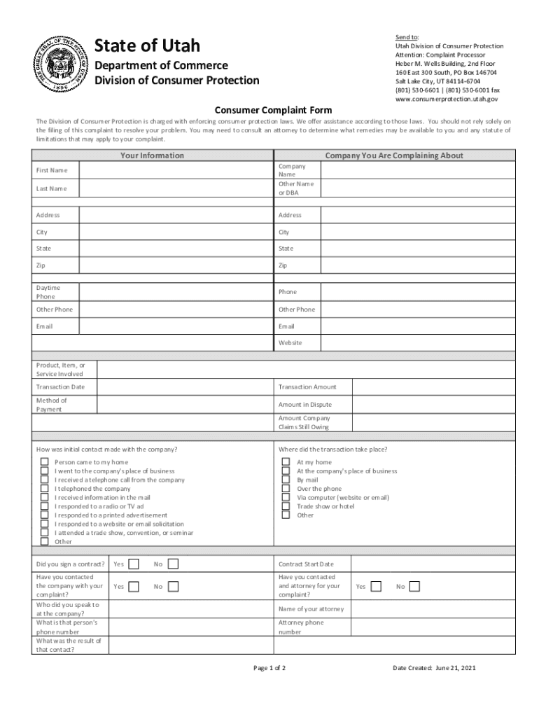 Fillable Online consumerprotection utah Division of Consumer Protection ...