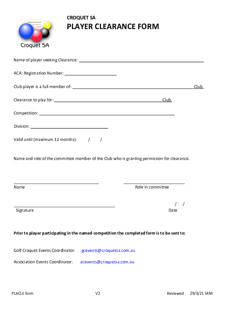 Fillable Online Player Clearance Form Fax Email Print - pdfFiller