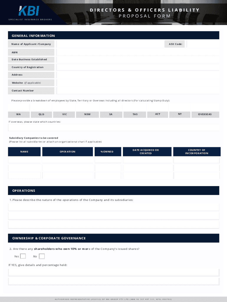 Fillable Online KBI D&O Proposal Form 2020 Fax Email Print - pdfFiller