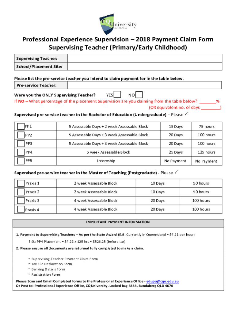 Fillable Online Professional Experience Supervision 2018 Payment Claim ...
