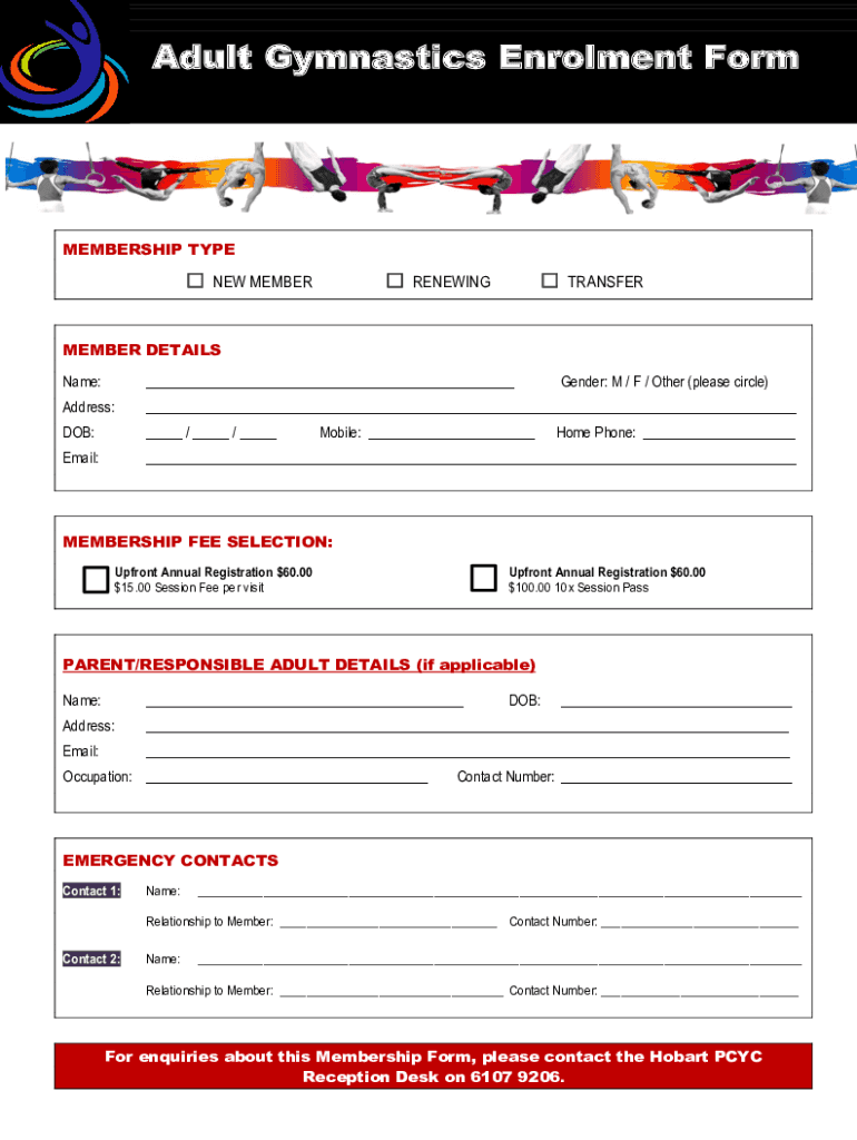 Fillable Online Adult Gymnastics Enrolment Form Fax Email Print - pdfFiller